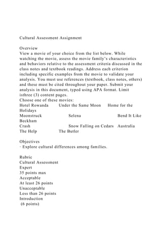 Cultural Assessment AssignmentOverviewView a movie of your.docx | Free ...