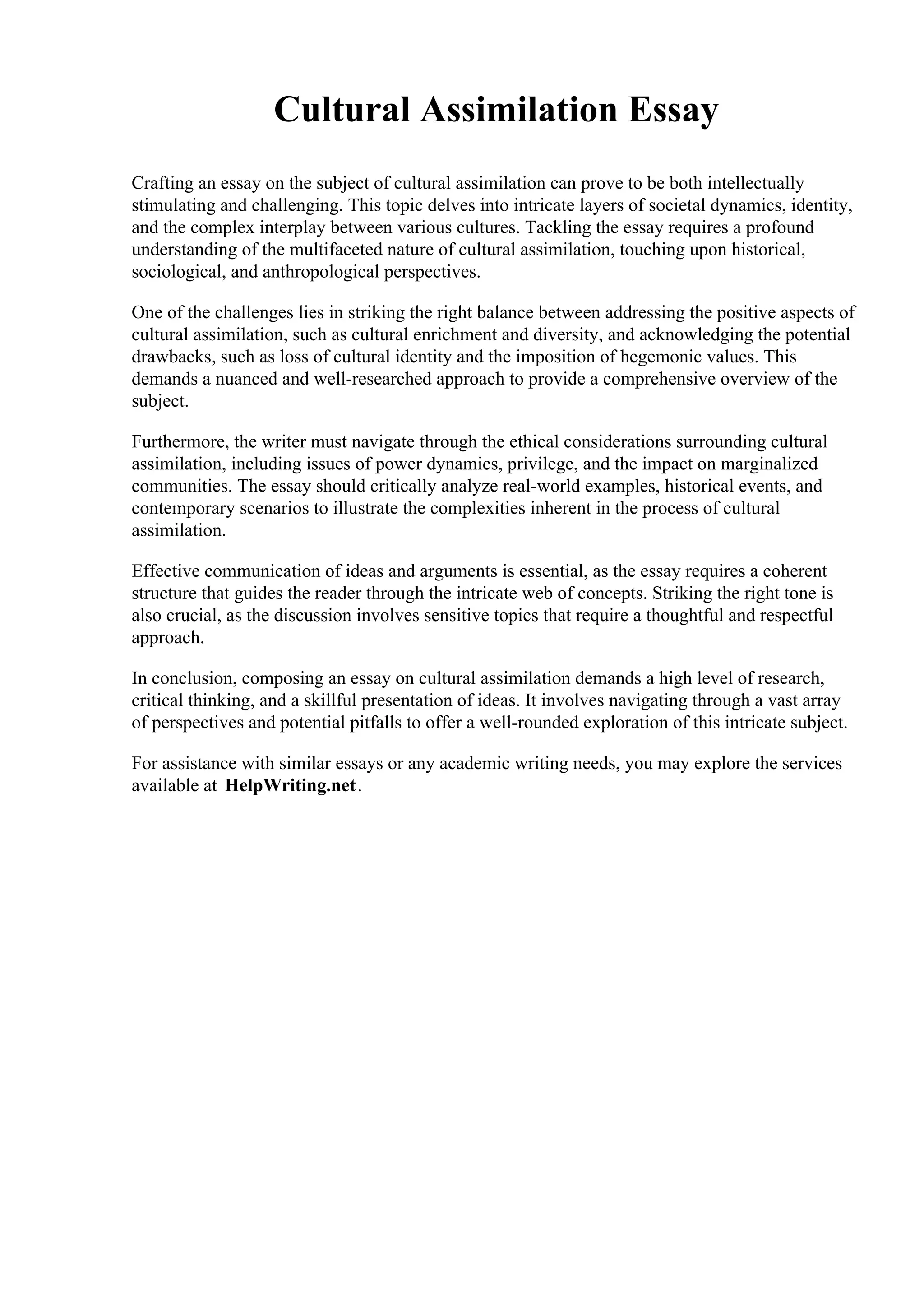 Cultural Assimilation Essay | PDF