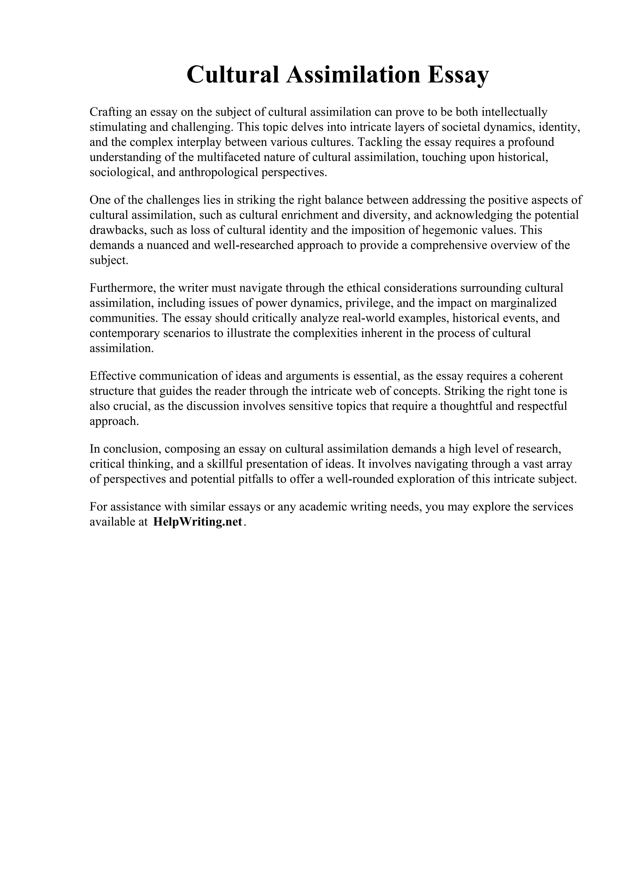 Cultural Assimilation Essay | PDF