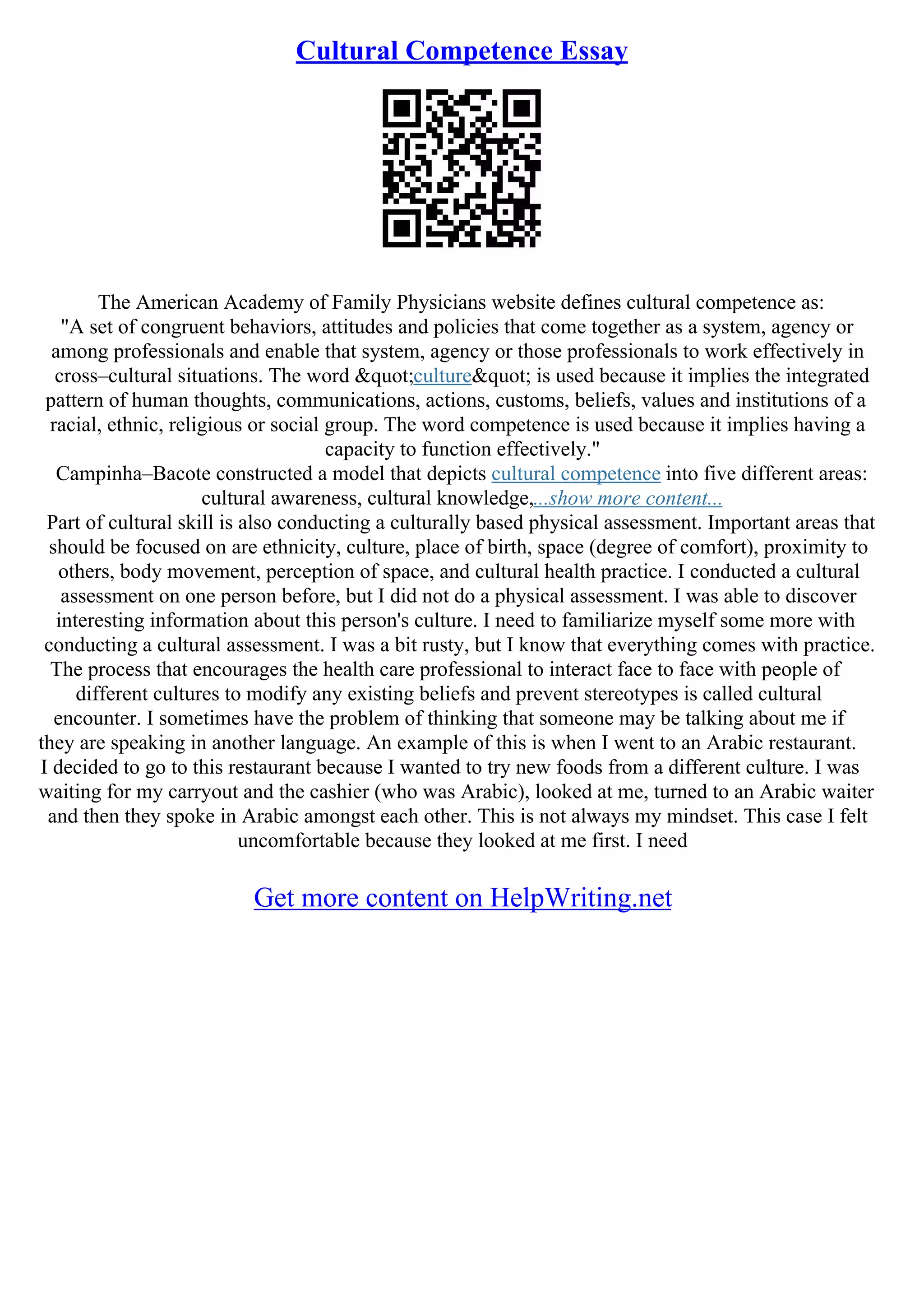 Cultural Competence Essay | PDF