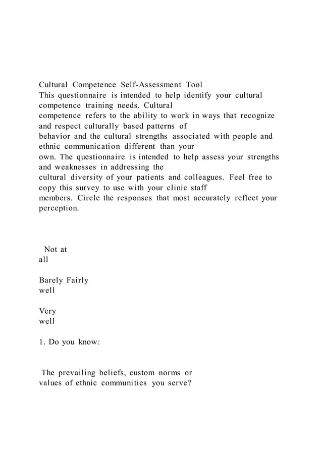 Cultural Competence Self-Assessment Tool This questionnaire | DOCX ...