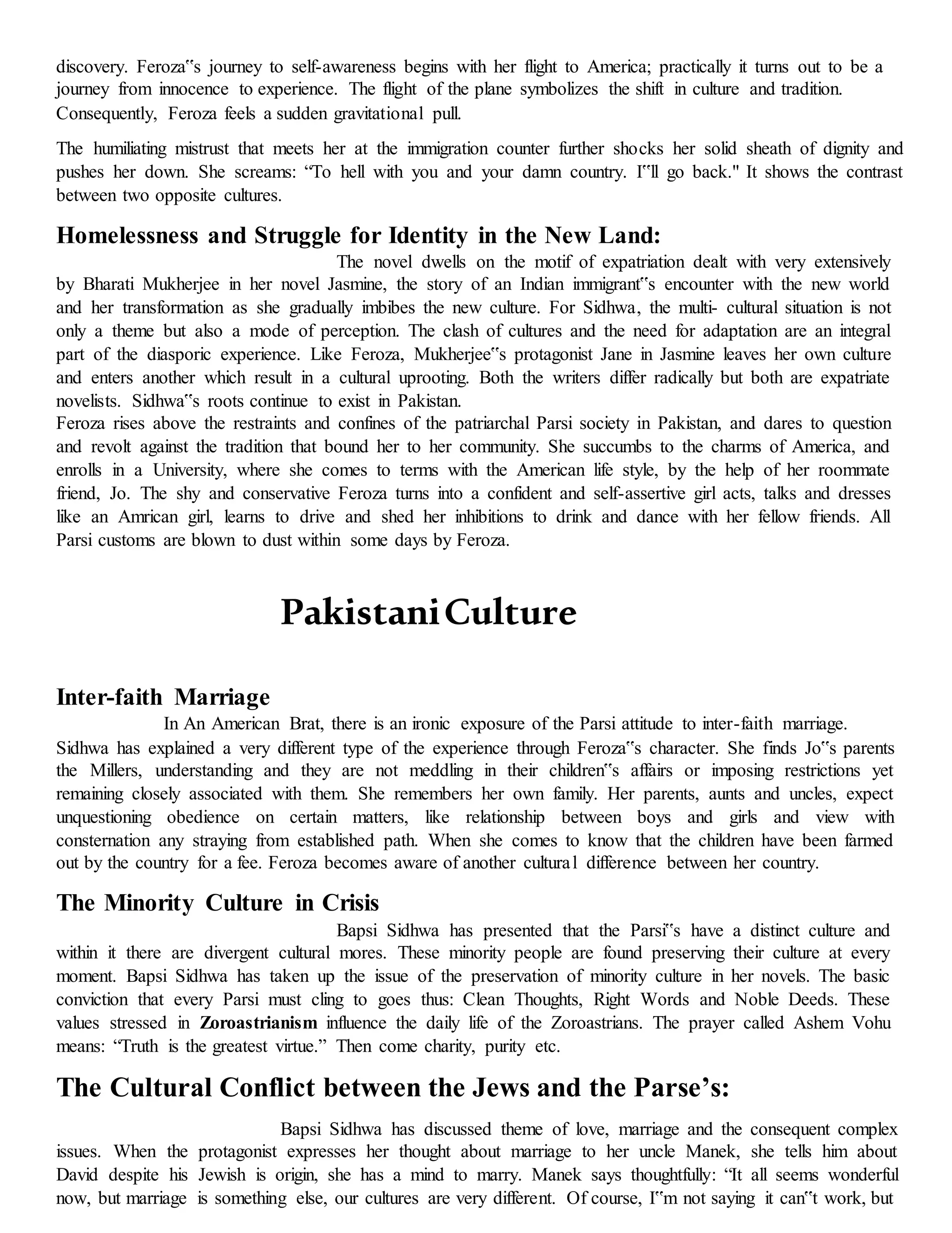 Cultural conflicts in an american brat by bapsi sidhwa | DOCX