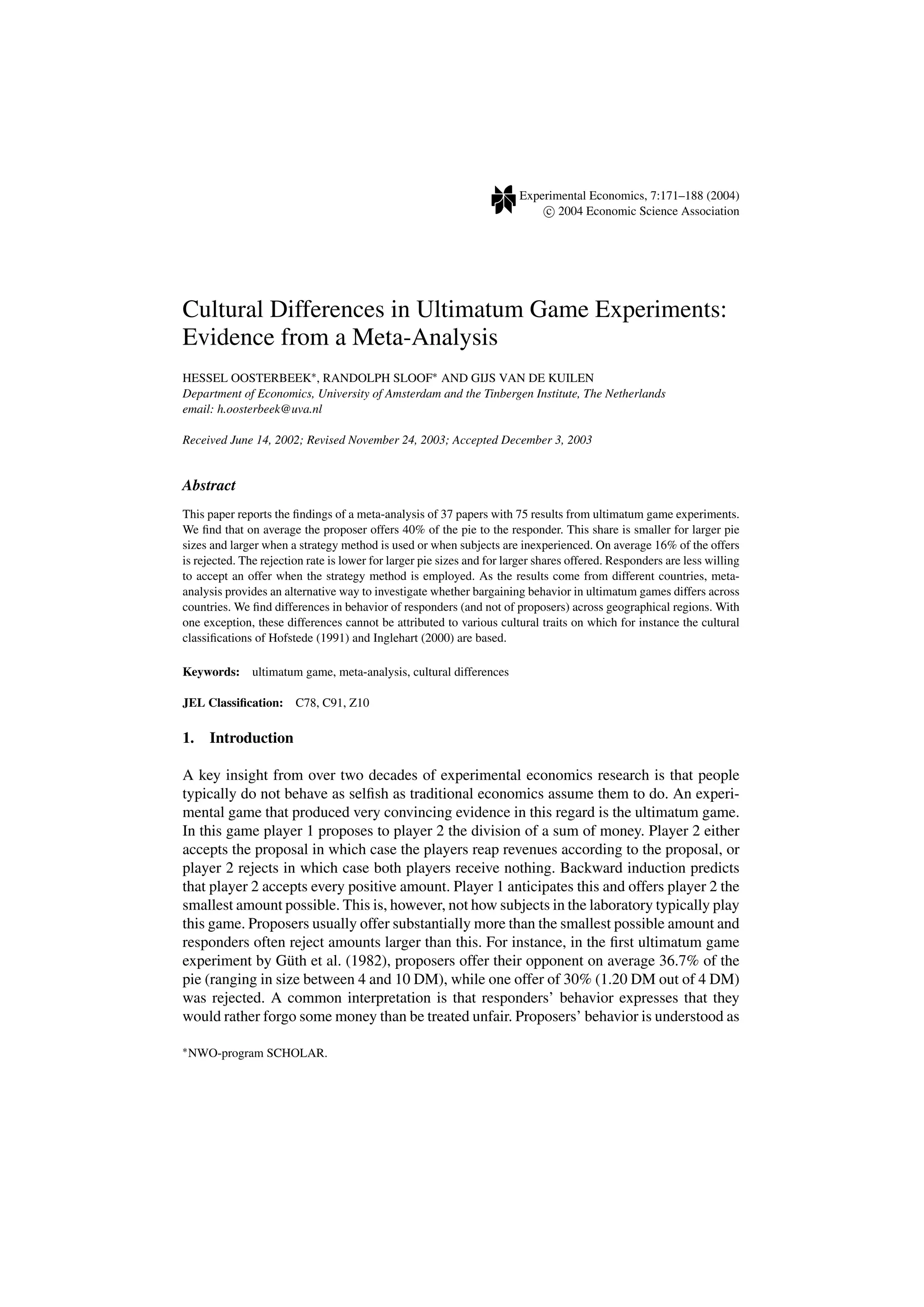 Cultural Differences in Ultimatum Game Experiments | PDF