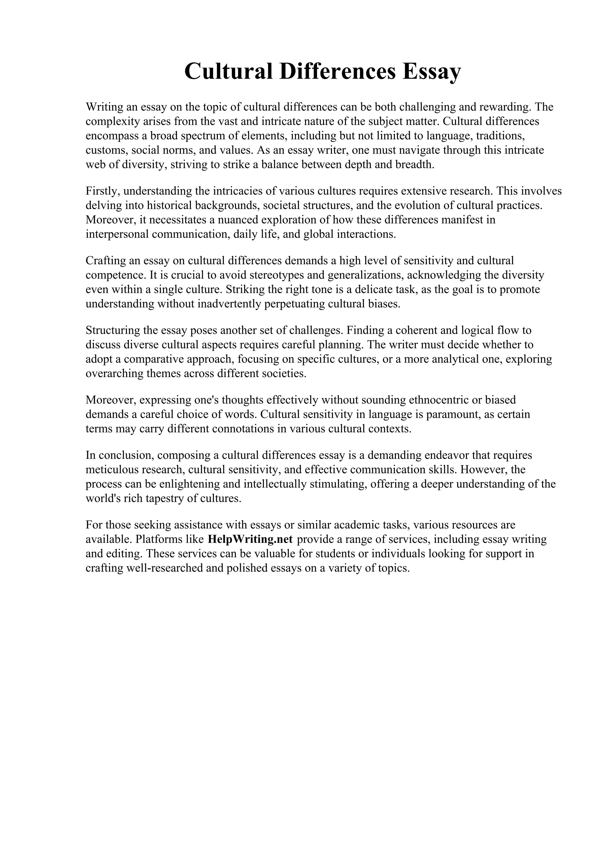 Cultural Differences Essay. Cultural Diversity Essay Essay on Cultural ...