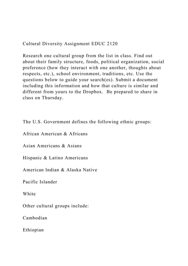 Cultural Diversity Assignment EDUC 2120Research one cultural.docx