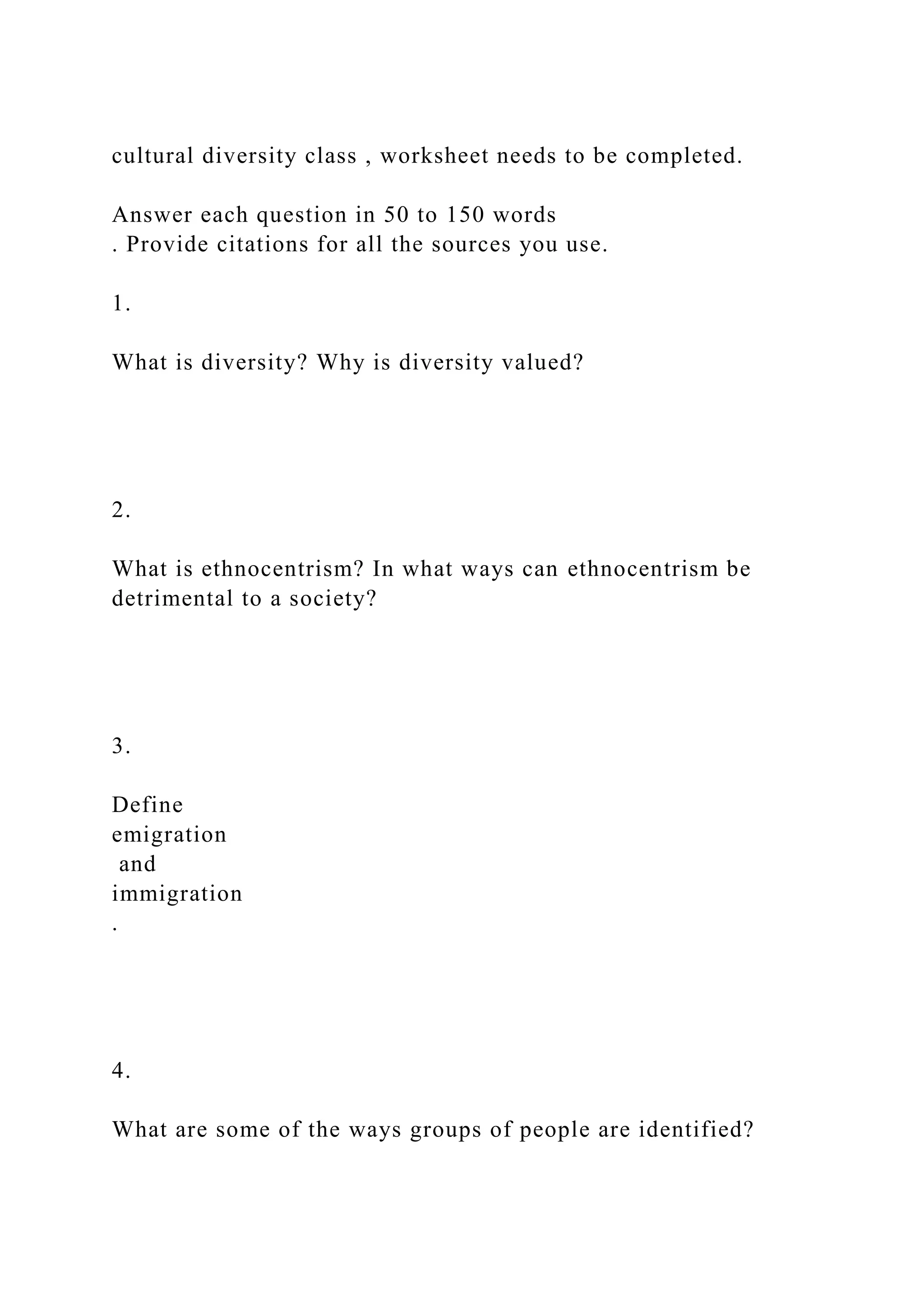 cultural diversity class , worksheet needs to be completed.Answe.docx