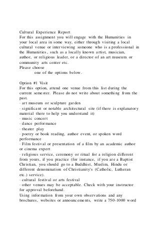 Cultural Experience Report For this assignment you will engage | PDF