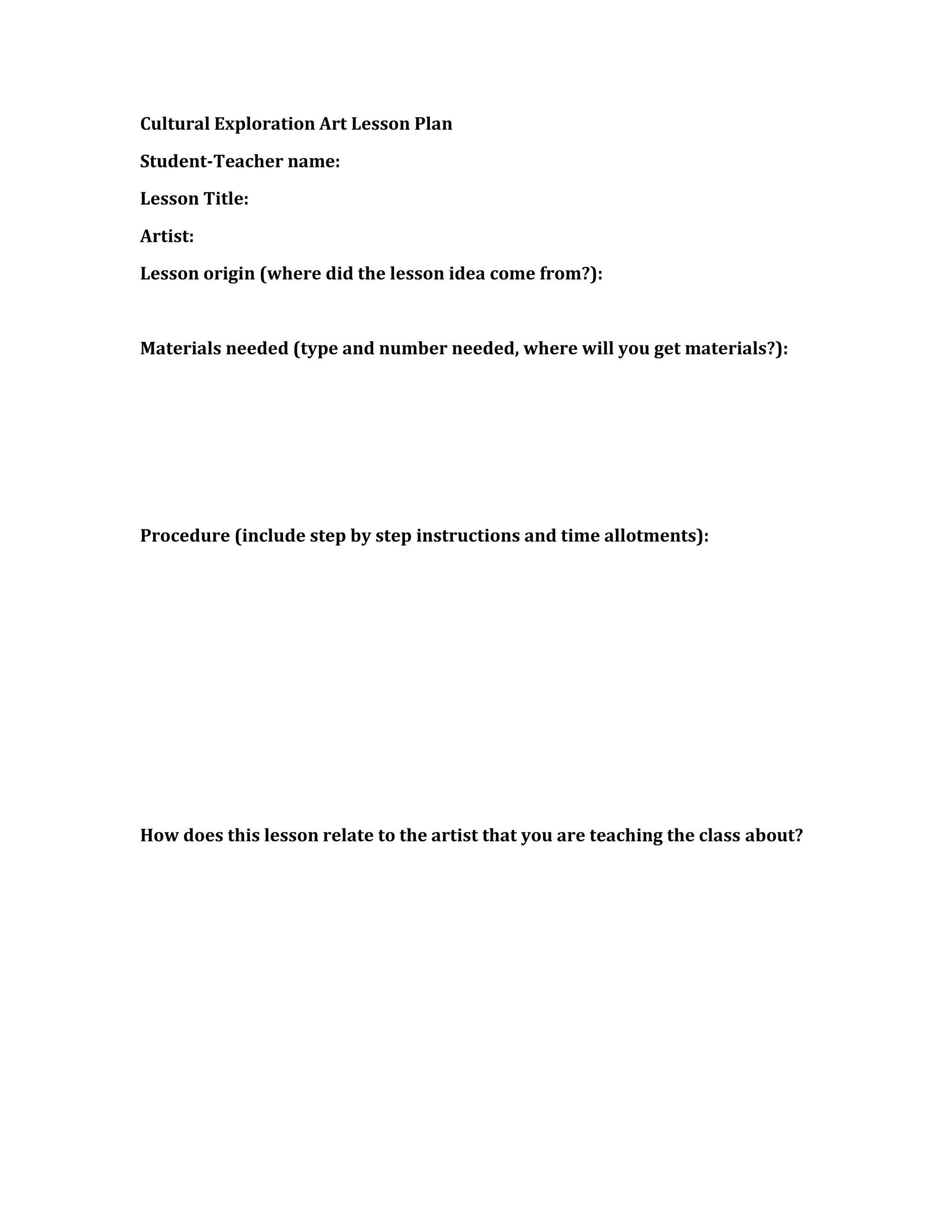 Cultural exploration art lesson plan | DOCX | Arts and Crafts | Hobbies & Interests