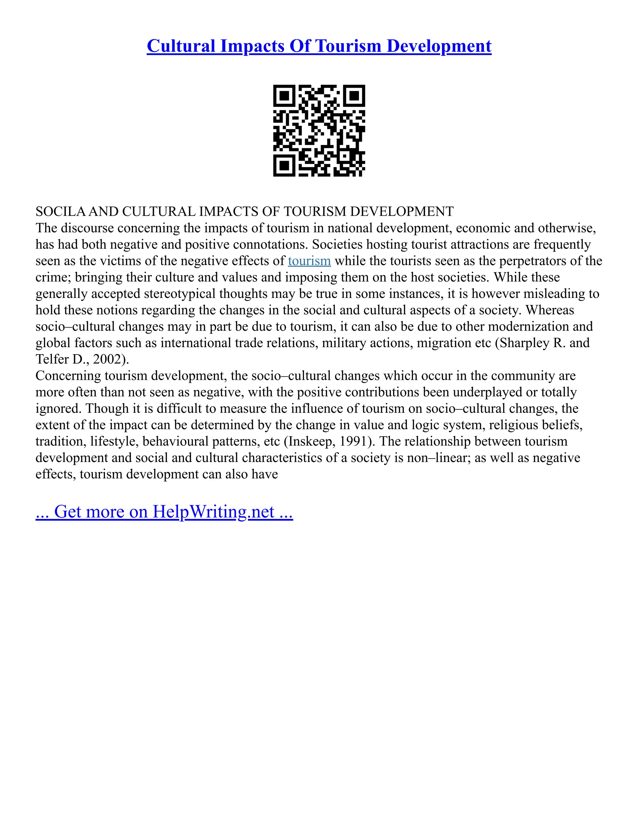 Cultural Impacts Of Tourism Development | PDF