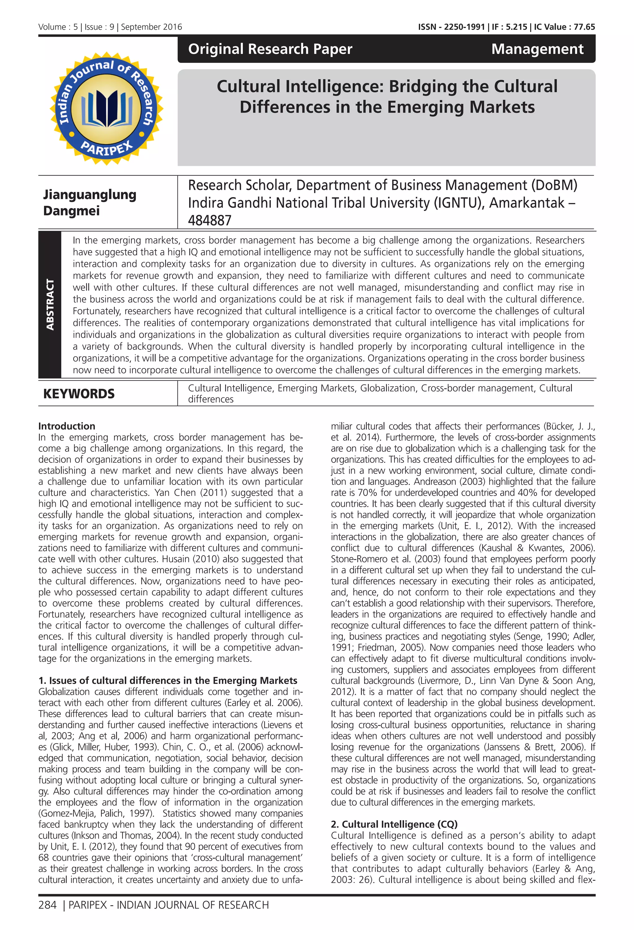 Cultural Intelligence: Bridging the Cultural Differences in the ...