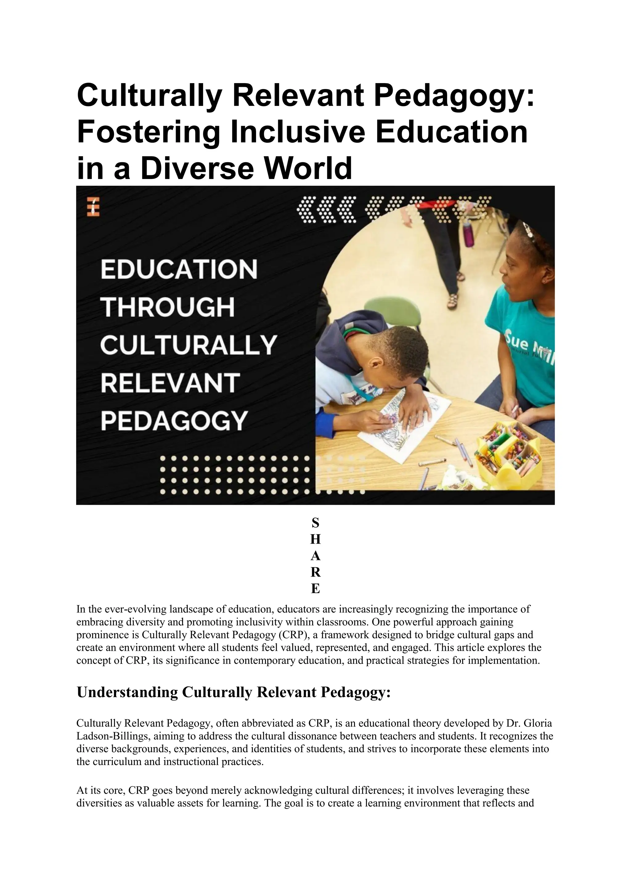 Culturally Relevant Pedagogy: Fostering Inclusive Education in a ...