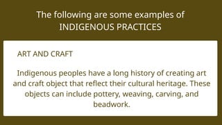 Cultural Performance and Indigenous Practices, and Religious Rites and ...