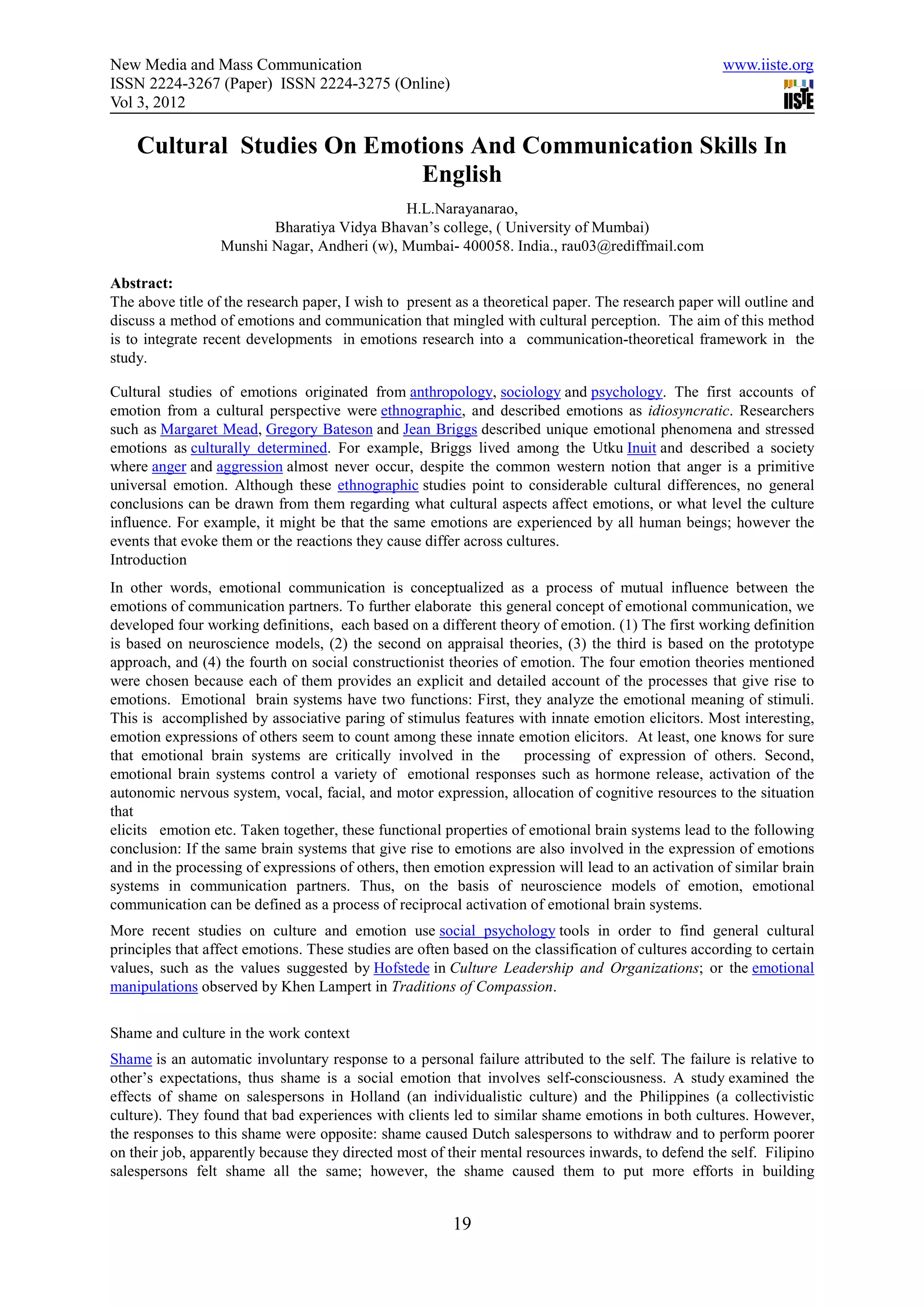 Cultural studies on emotions and communication skills in english | PDF