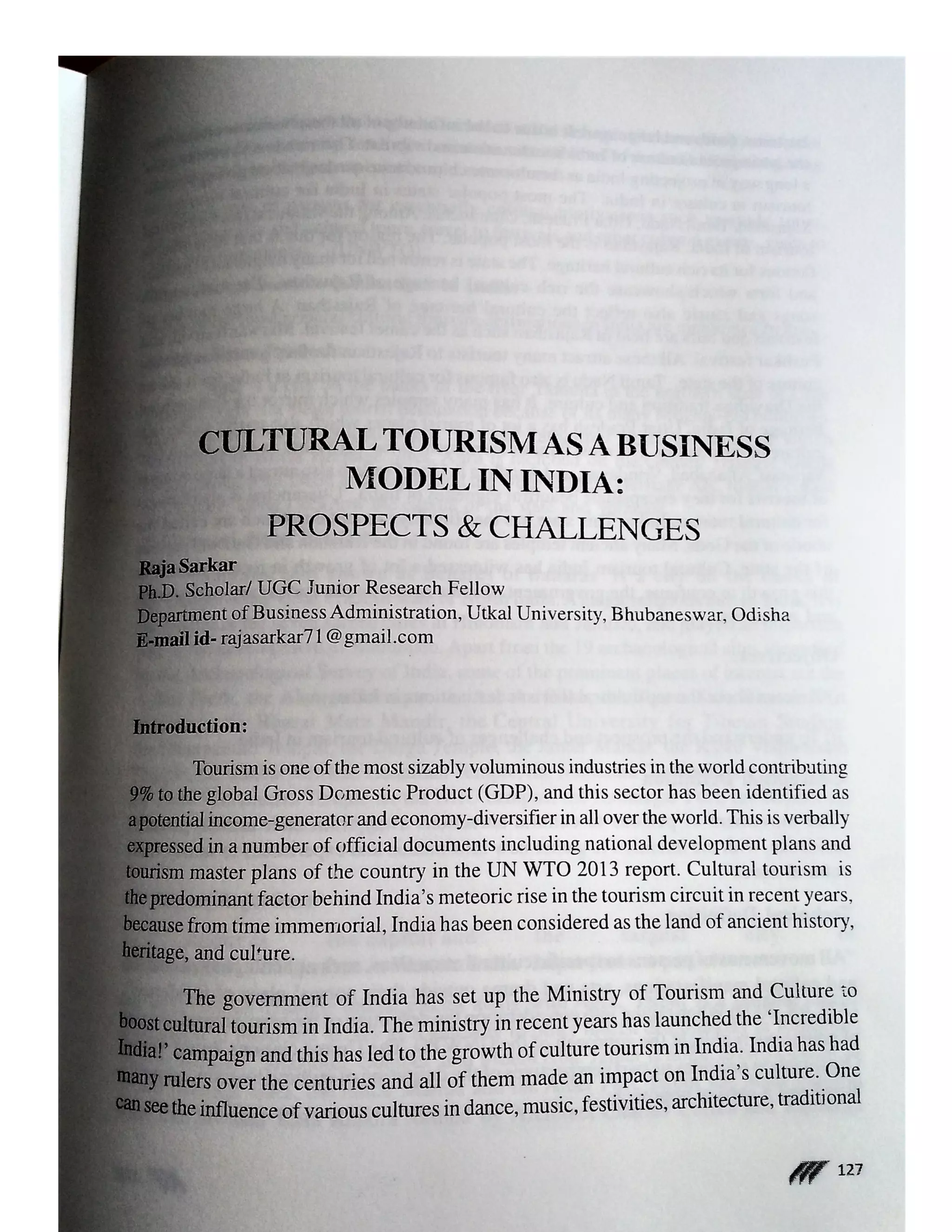 CULTURAL TOURISM AS A BUSINESS MODEL IN INDIA: PROSPECTS & CHALLENGES | PDF