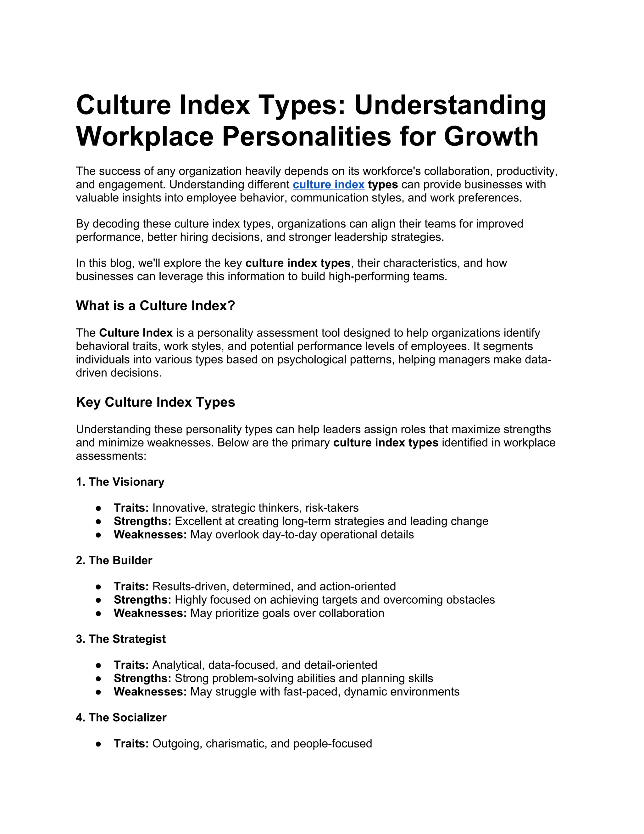 Culture Index Types_ Understanding Workplace Personalities for Growth | PDF