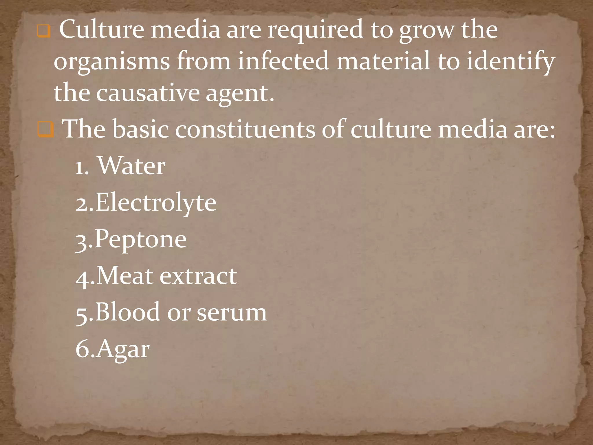 Culture media to grow organisms from infected material to identify the ...