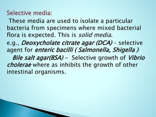 Culture media to grow organisms from infected material to identify the ...