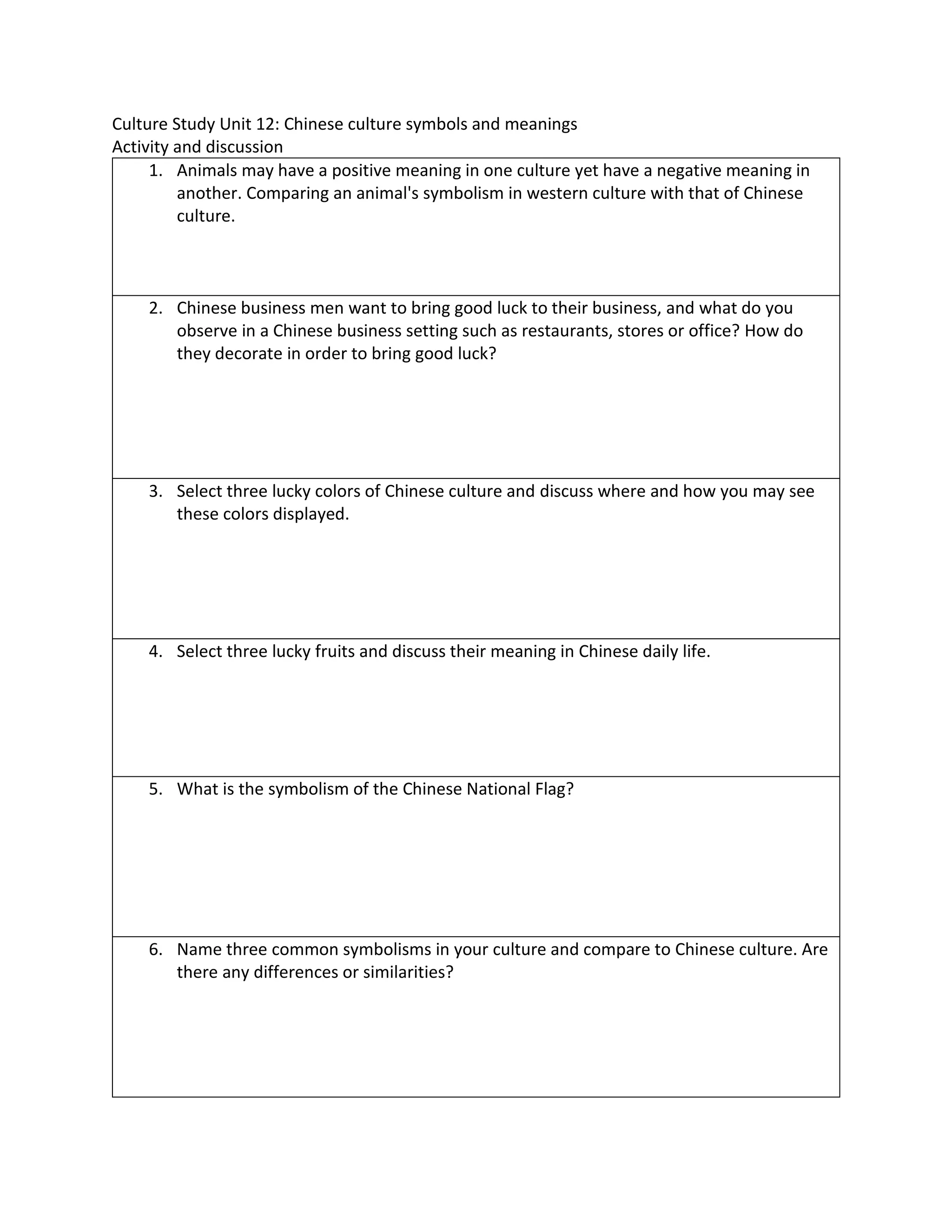 Culture study unit 12 Chinese culture symbols worksheet | PDF