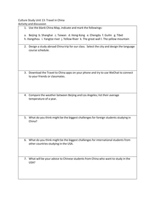 Culture study unit 13 Traveling in China worksheet | PDF