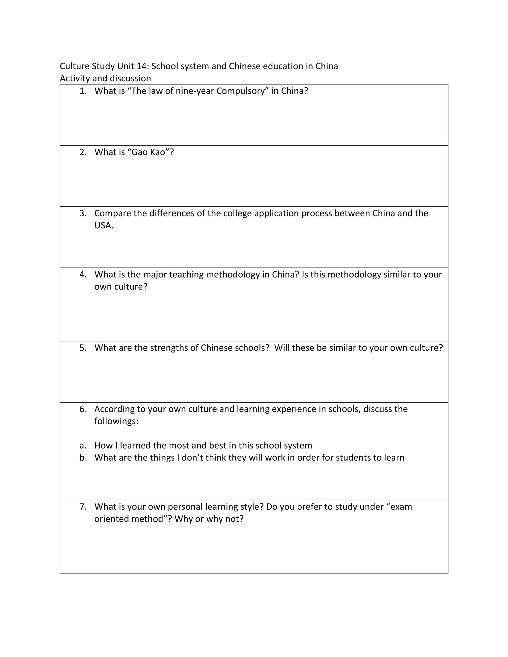 Culture study unit 14 school system and Chinese education worksheet ...