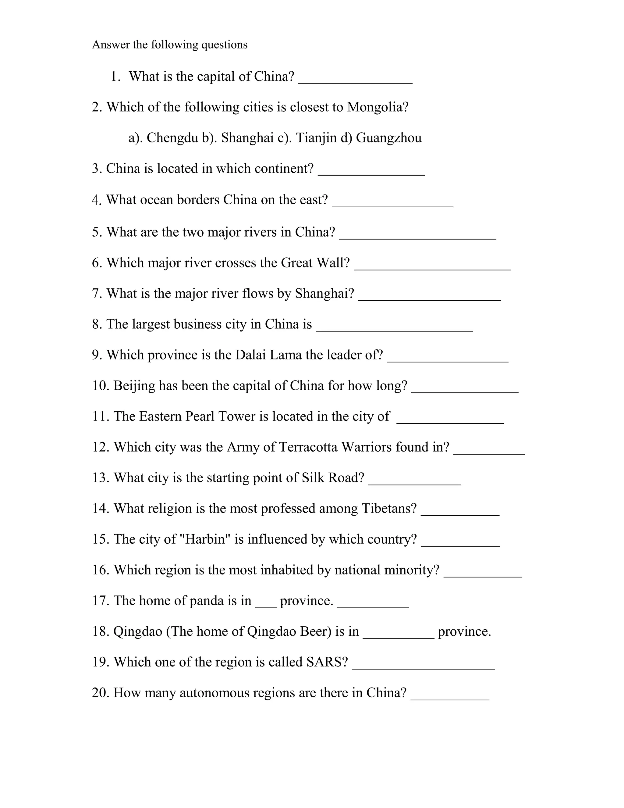 Culture study unit 1 Geography of China worksheet | PDF