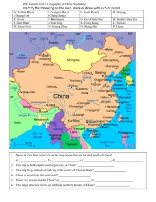 Culture study unit 1 Geography of China worksheet | PDF