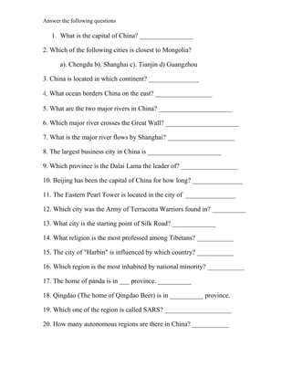 Culture study unit 1 Geography of China worksheet | PDF