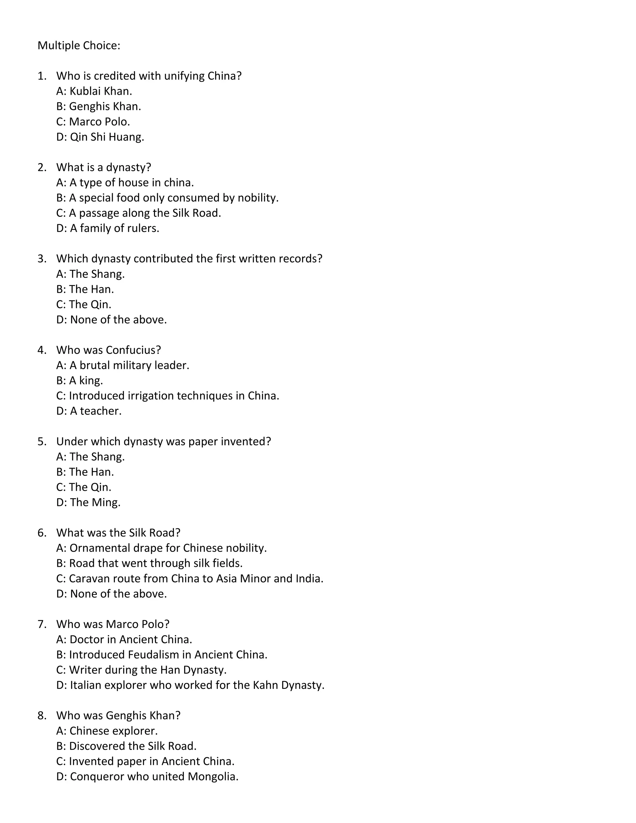 Culture study unit 2 Chinese History worksheet | PDF