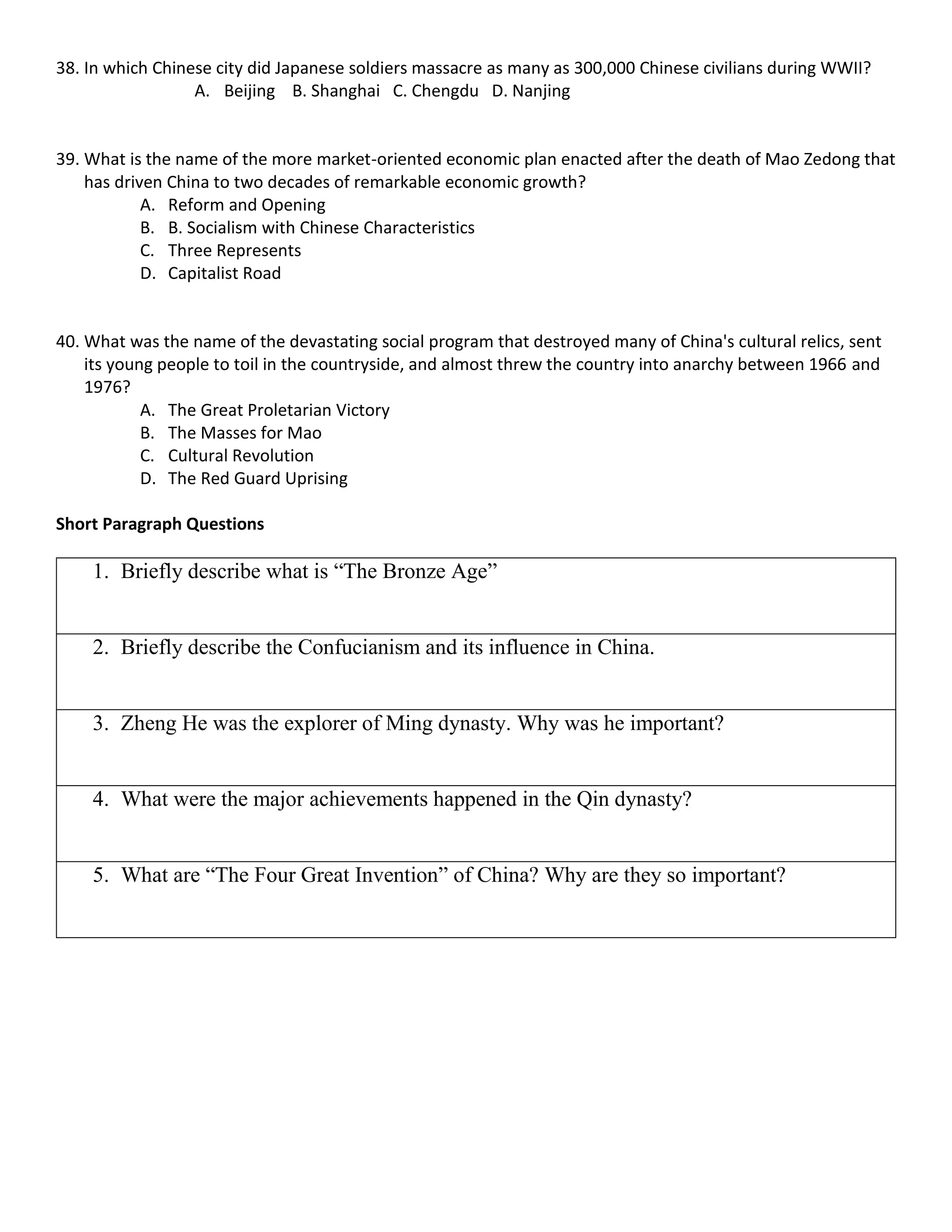 Culture study unit 2 Chinese History worksheet | PDF