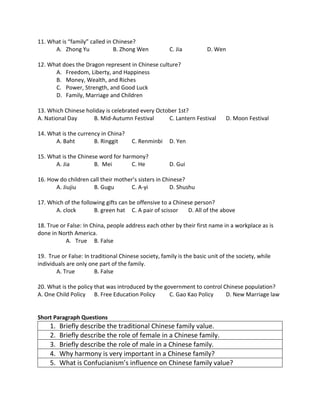 Culture study unit 3 Chinese Family worksheet | PDF