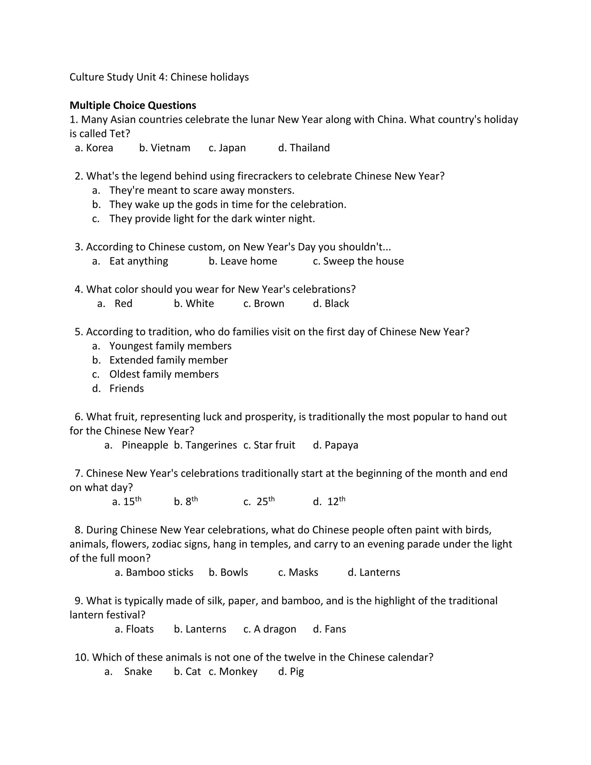 Culture study unit 4 Chinese Holidays worksheet | PDF