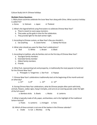 Culture study unit 4 Chinese Holidays worksheet | PDF