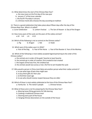 Culture study unit 4 Chinese Holidays worksheet | PDF