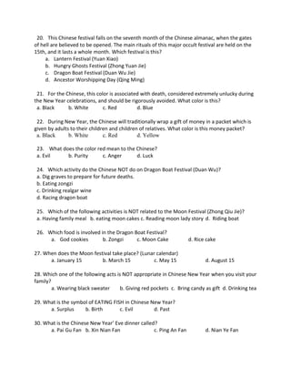 Culture study unit 4 Chinese Holidays worksheet | PDF