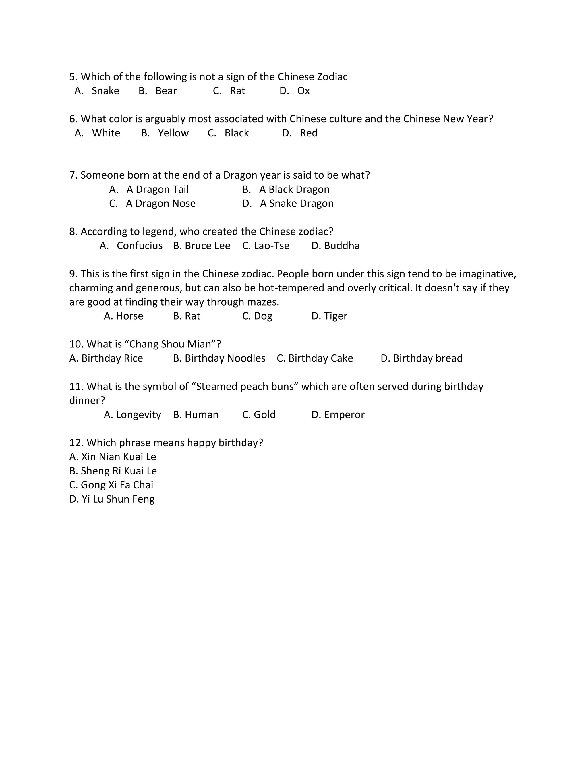 Culture study unit 8 Chinee Birthday Custom worksheet | PDF