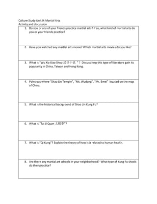 Culture study unit 9 Chinese Martial Arts worksheet | PDF