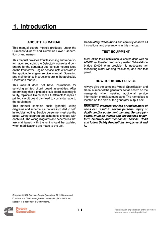 Cummins Onan Dghd Detector Control Generator Set Service Repair Manual