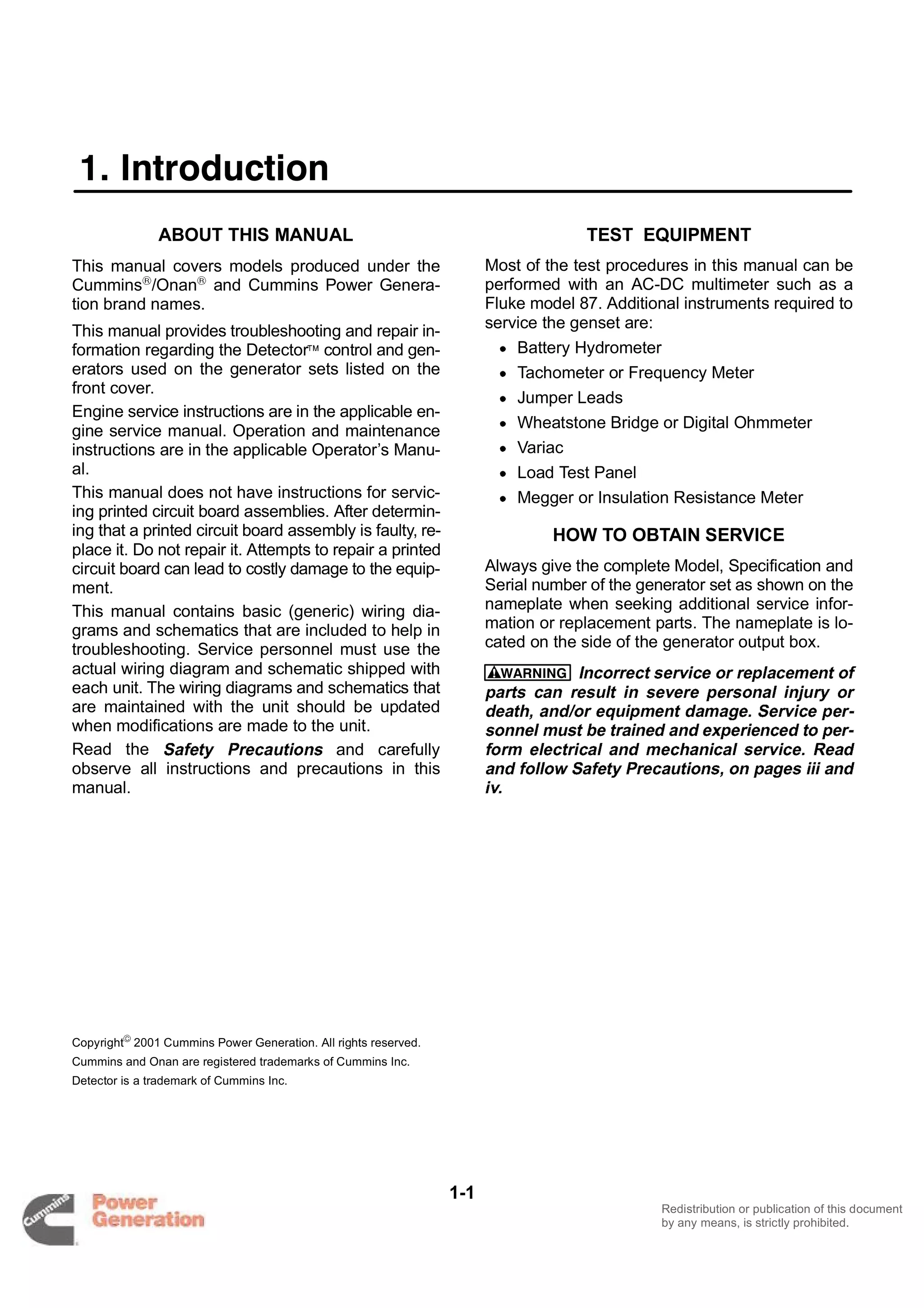 Cummins Onan Dqaa Detector Control Generator Set Service Repair Manual
