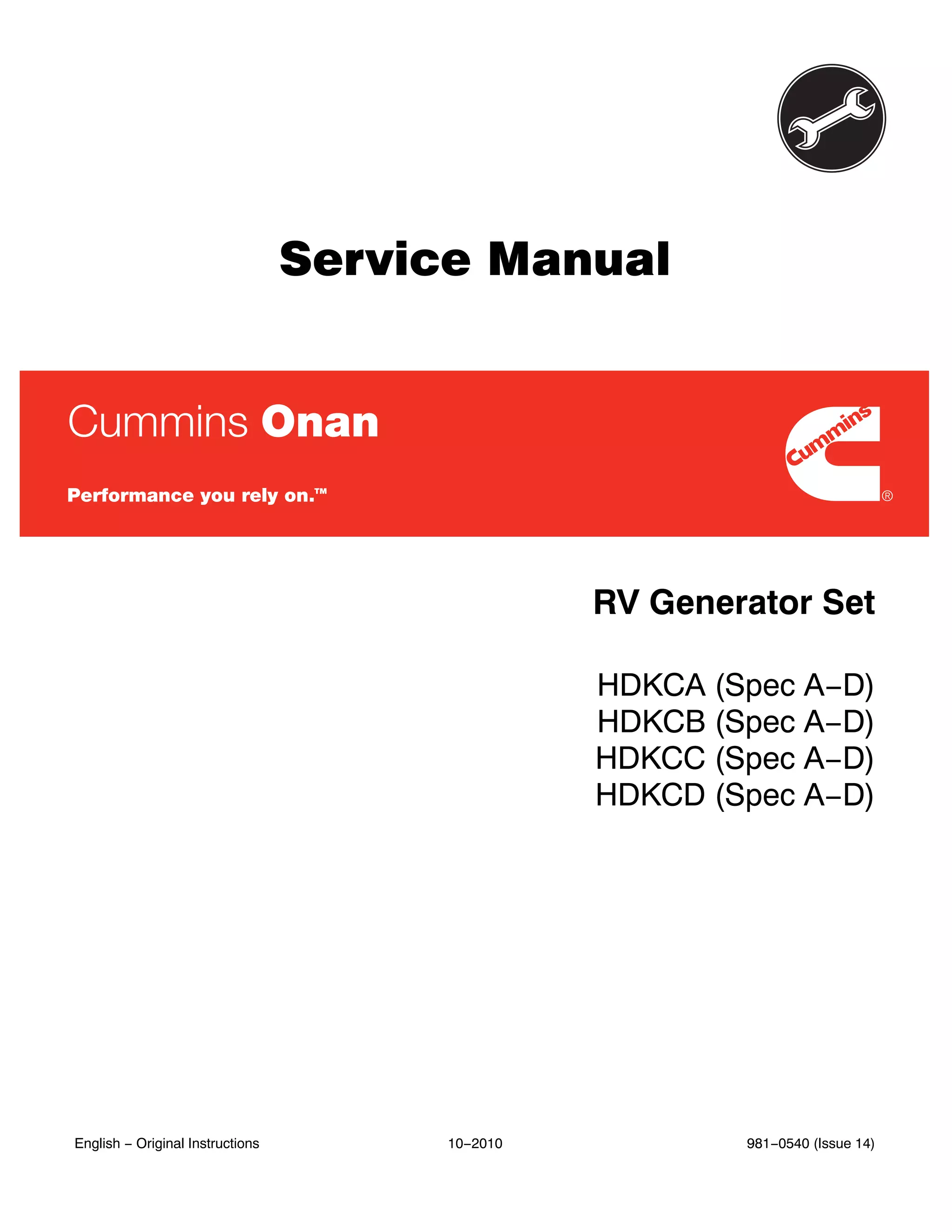 Cummins onan hdkca rv generator set service repair manual | PDF