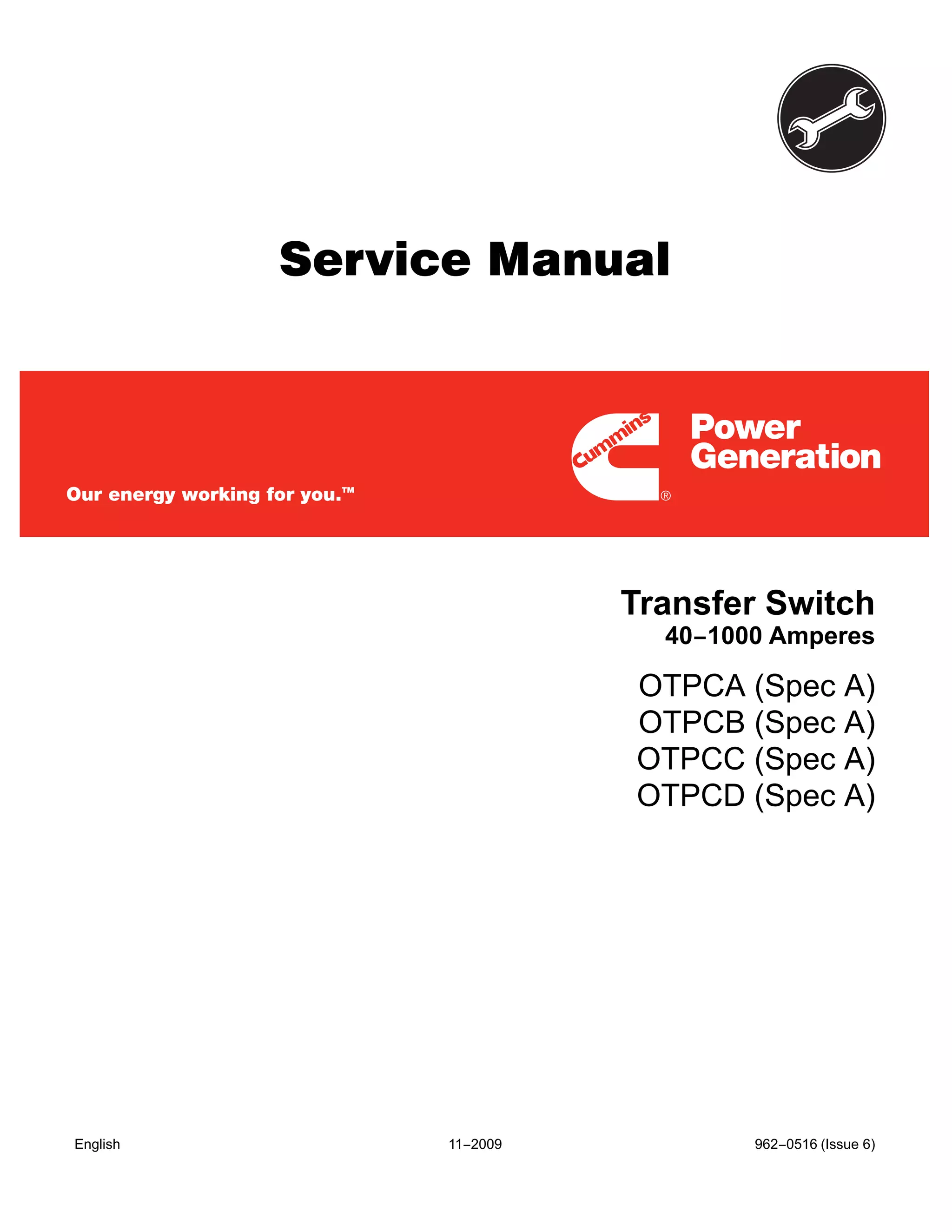 Cummins onan otpcb transfer switch 40 1000 amperes service repair ...