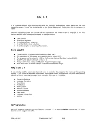 C LANGUAGE UNIT-1 PREPARED BY MVB REDDY | PDF