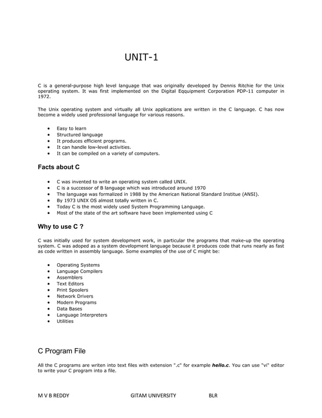 C LANGUAGE UNIT-1 PREPARED BY MVB REDDY | PDF