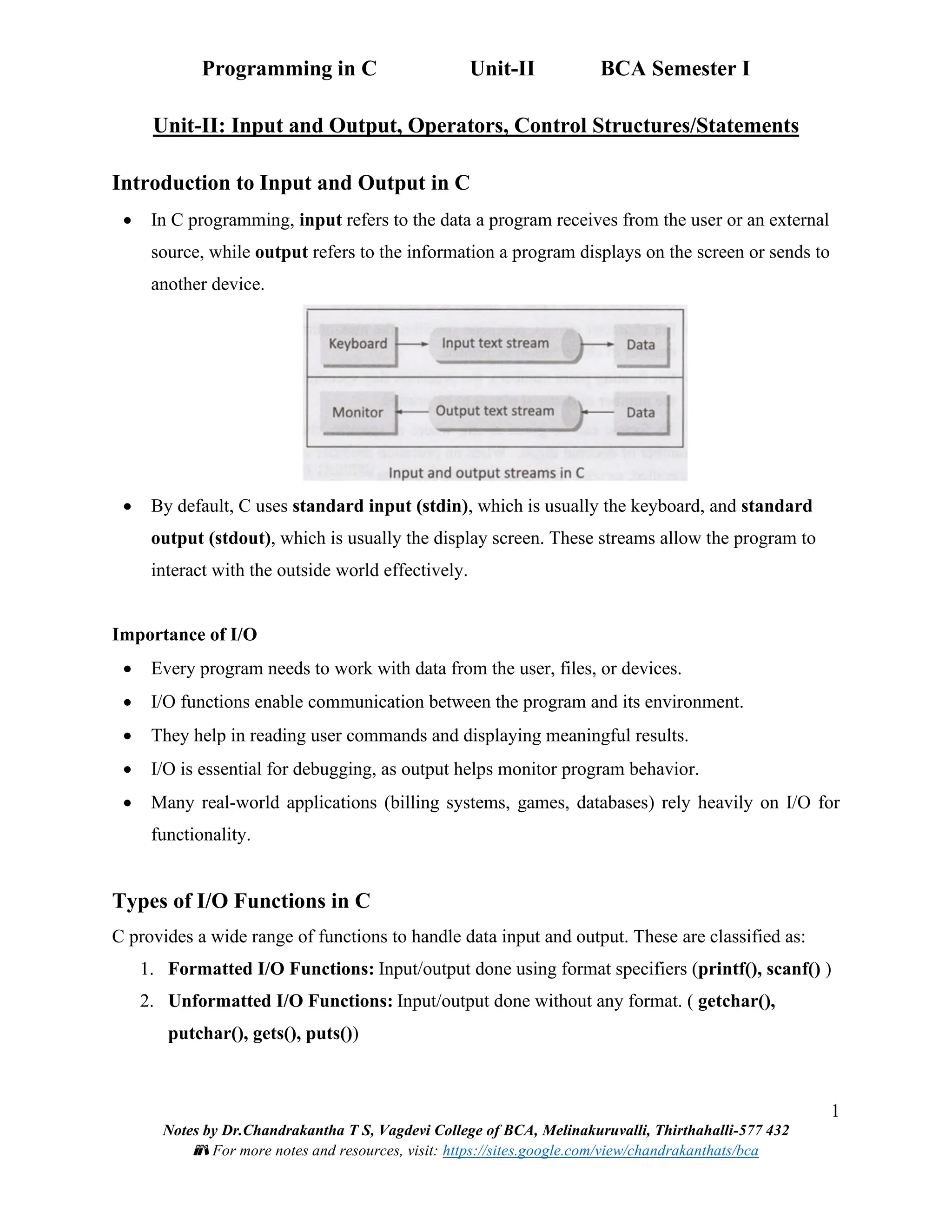 C Unit-II: Input and Output, Operators, Control Structures/Statements | PDF