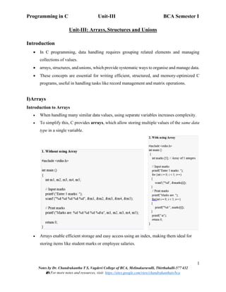 Programming in C: Unit-III: Arrays, Structures and Unions | PDF