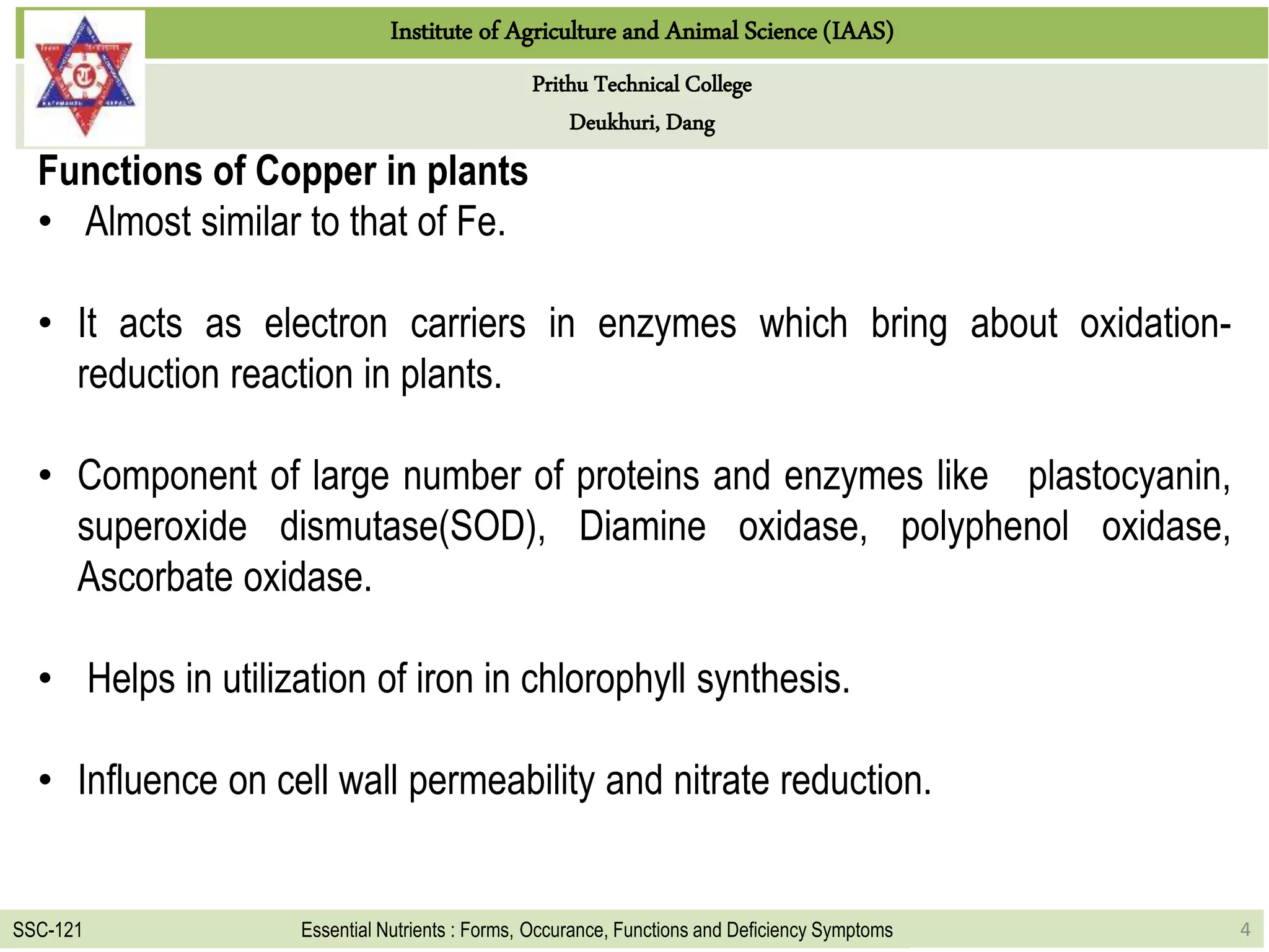 Functions and deficiency symptoms of copper and chlorine in plants | PPTX