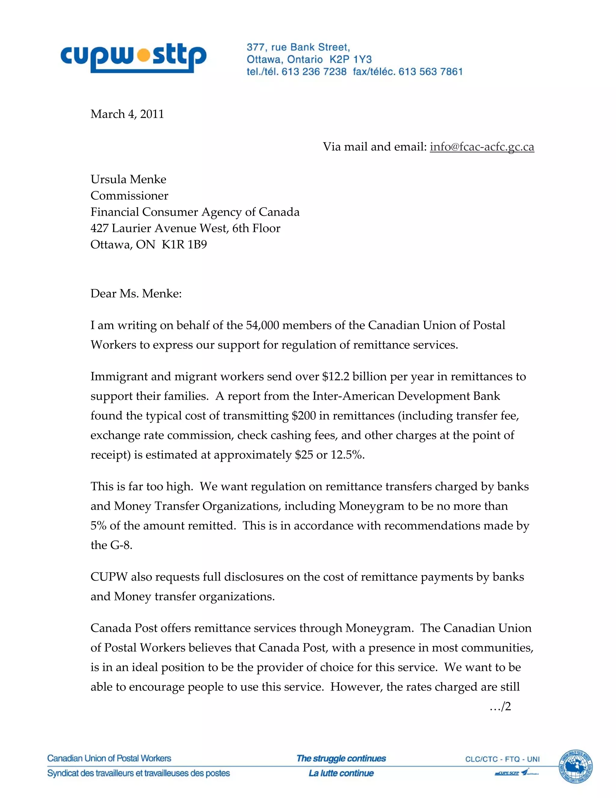 CUPW Support Letter | PDF
