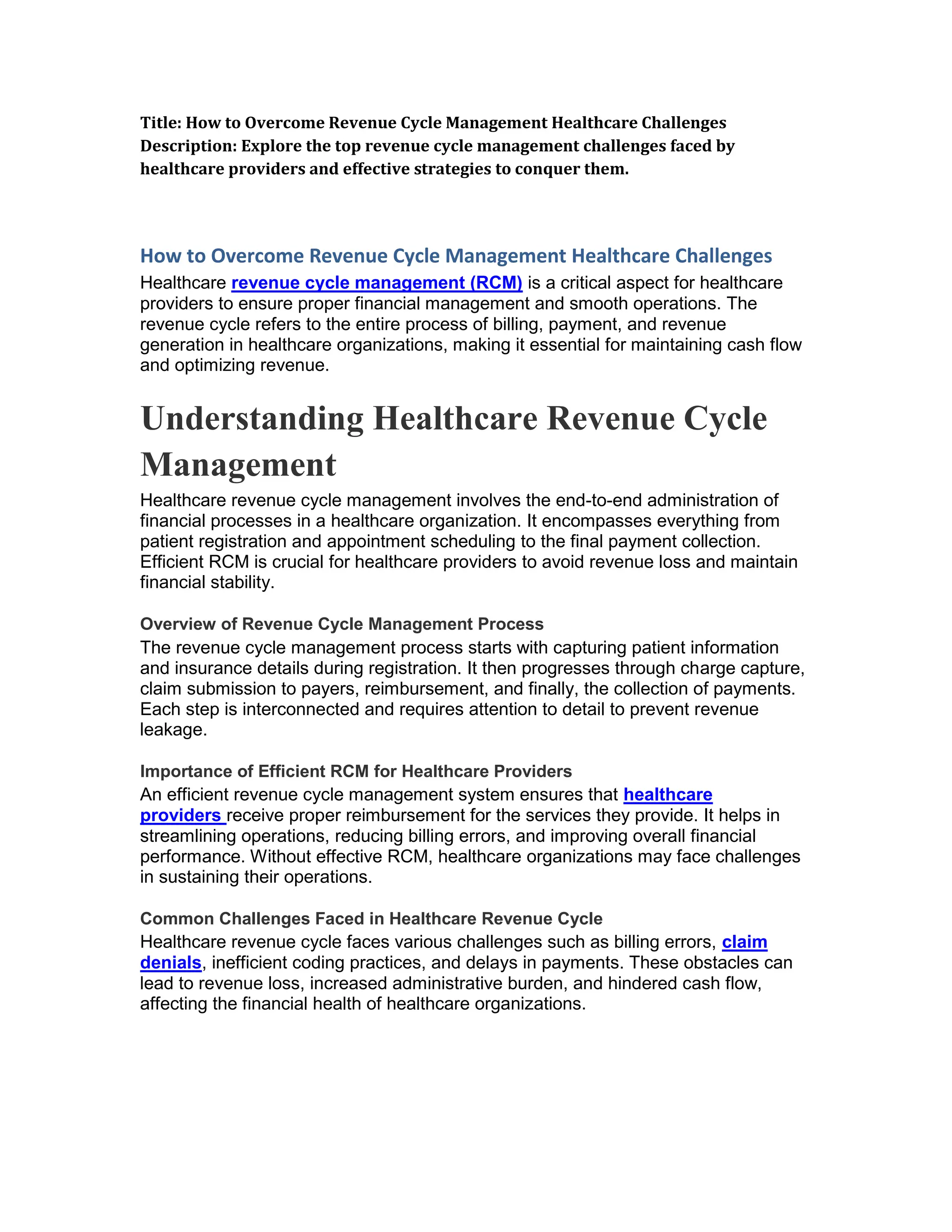 How to Overcome Revenue Cycle Management Healthcare Challenges | PDF ...