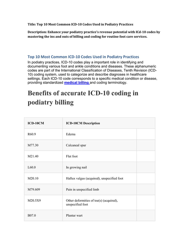 Top 10 Most Common ICD-10 Codes Used in Podiatry Practices | PDF