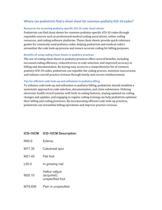 Top 10 Most Common ICD-10 Codes Used in Podiatry Practices | PDF