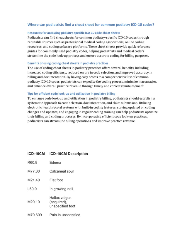 Top 10 Most Common ICD-10 Codes Used in Podiatry Practices | PDF